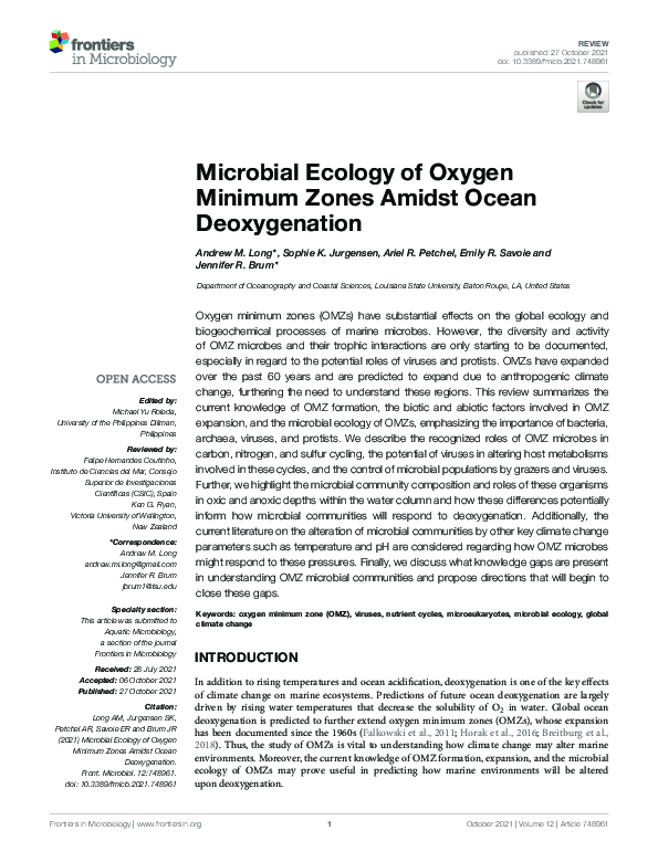 (PDF) Microbial Ecology of Oxygen Minimum Zones Amidst Ocean Deoxygenation