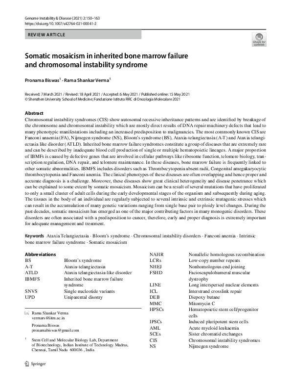 (PDF) Somatic mosaicism in inherited bone marrow failure and chromosomal instability syndrome