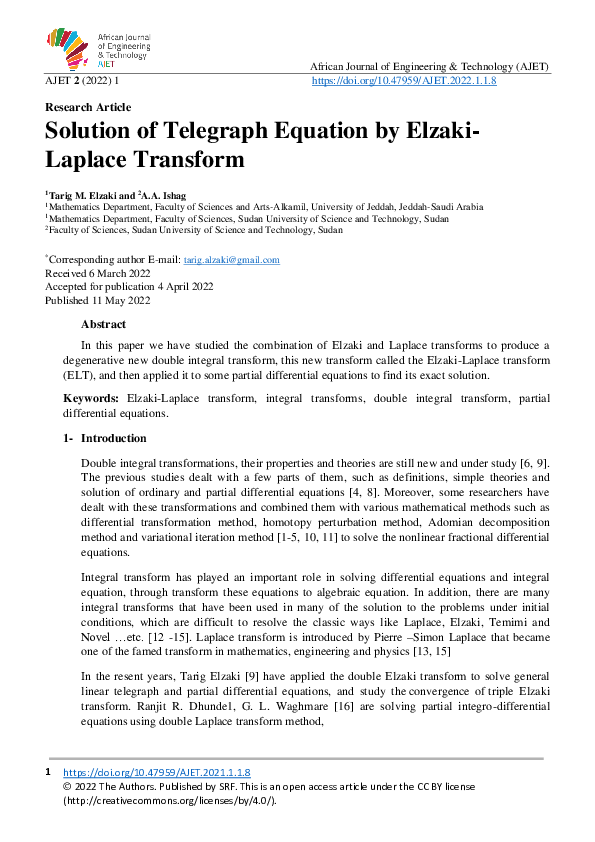 Pdf Solution Of Telegraph Equation By Elzaki Laplace Transform