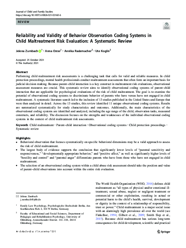 Pdf Reliability And Validity Of Behavior Observation Coding Systems