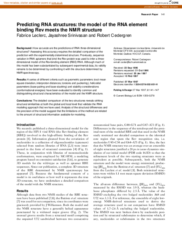 (PDF) Predicting RNA structures: the model of the RNA element binding Rev meets the NMR structure