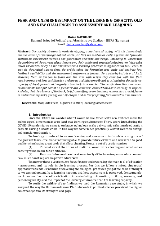 (PDF) FEAR AND UNFAIRNESS IMPACT ON THE LEARNING CAPACITY: OLD AND NEW ...