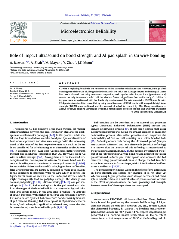 (PDF) Role of impact ultrasound on bond strength and Al pad splash in ...