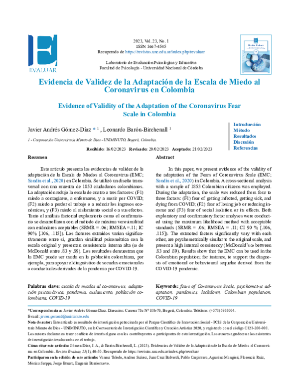 (PDF) Evidencia de validez de la adaptación de la escala de miedo al coronavirus en Colombia