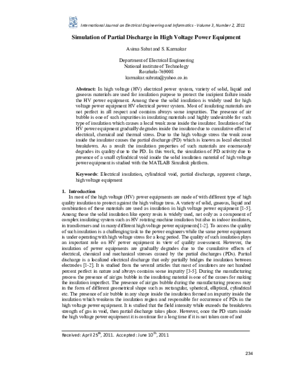 (PDF) Simulation of Partial Discharge in High Voltage Power Equipment