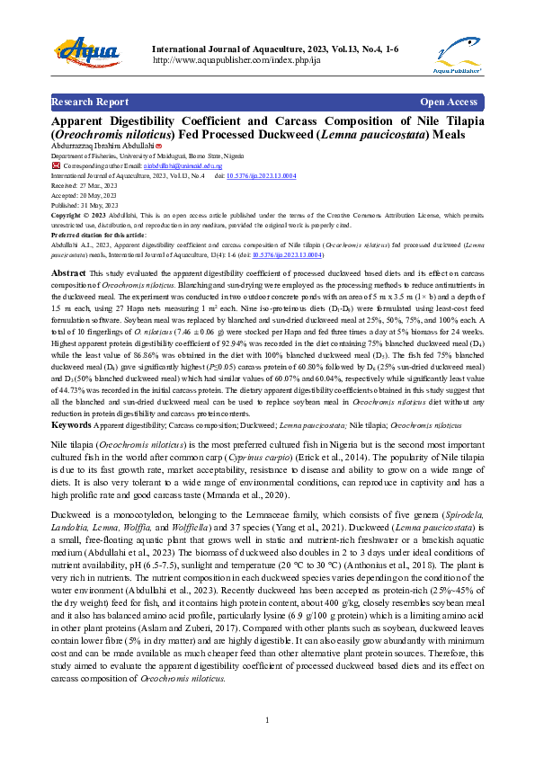 (PDF) Apparent Digestibility Coefficient and Carcass Composition of ...