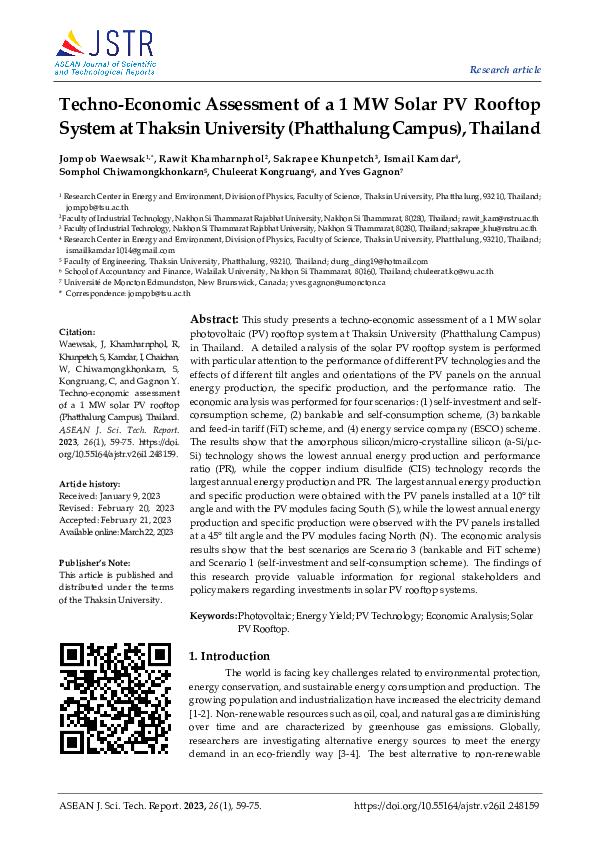 (PDF) Techno-Economic Assessment of a 1 MW Solar PV Rooftop System at Thaksin University ...