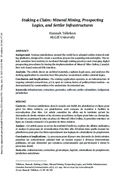 (PDF) Staking a Claim: Mineral Mining, Prospecting Logics, and Settler Infrastructures