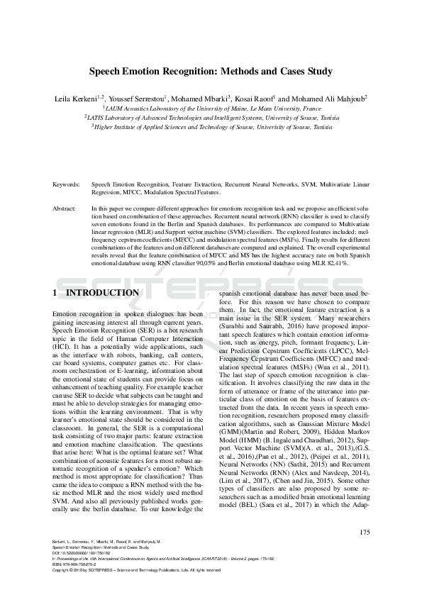 (PDF) Speech Emotion Recognition: Methods and Cases Study
