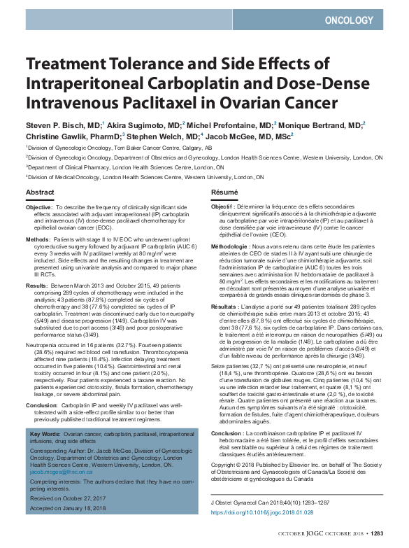 (PDF) Treatment Tolerance and Side Effects of Intraperitoneal Carboplatin and Dose-Dense ...