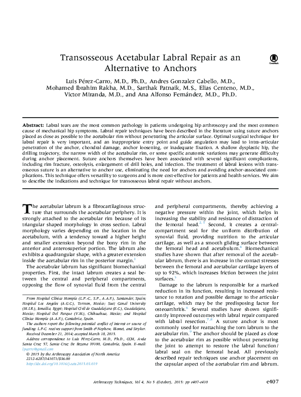 (PDF) Transosseous Acetabular Labral Repair as an Alternative to Anchors