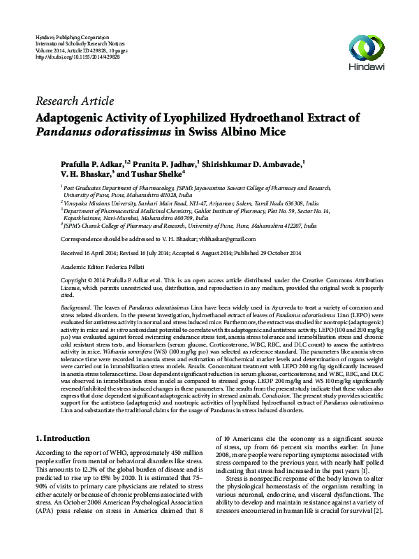 (PDF) Adaptogenic Activity of Lyophilized Hydroethanol Extract of ...