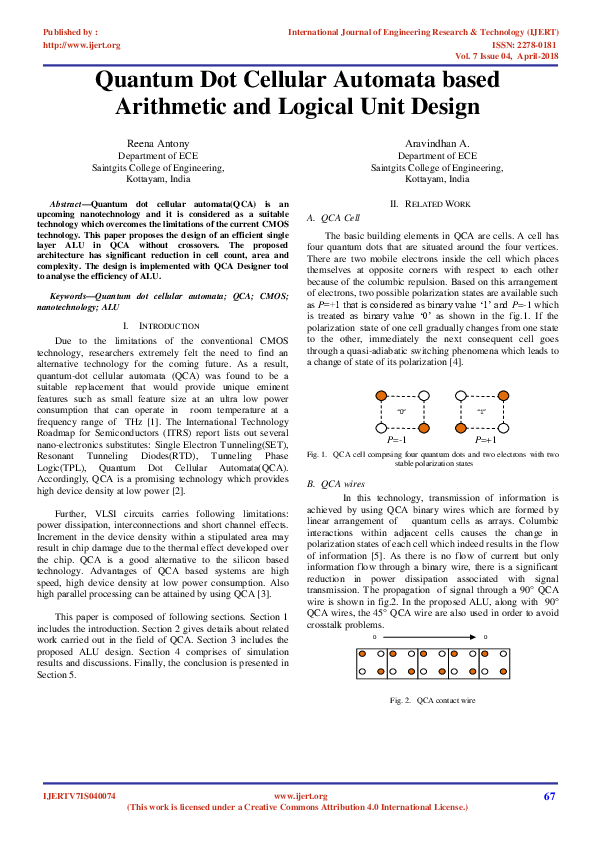 Pdf Quantum Dot Cellular Automata Based Arithmetic And Logical Unit Design 