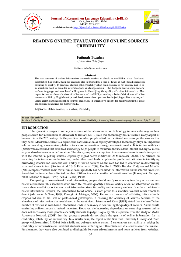 (PDF) Reading Online: Evaluation of Online Sources Credibility