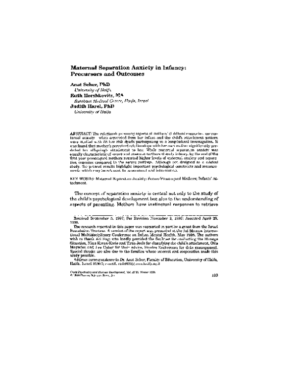 (PDF) Maternal Separation Anxiety in Infancy: Precursors and Outcomes
