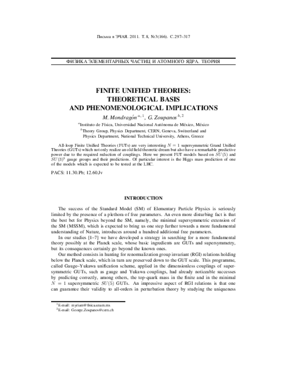 Pdf Finite Unified Theories Theoretical Basis And Phenomenological Implications