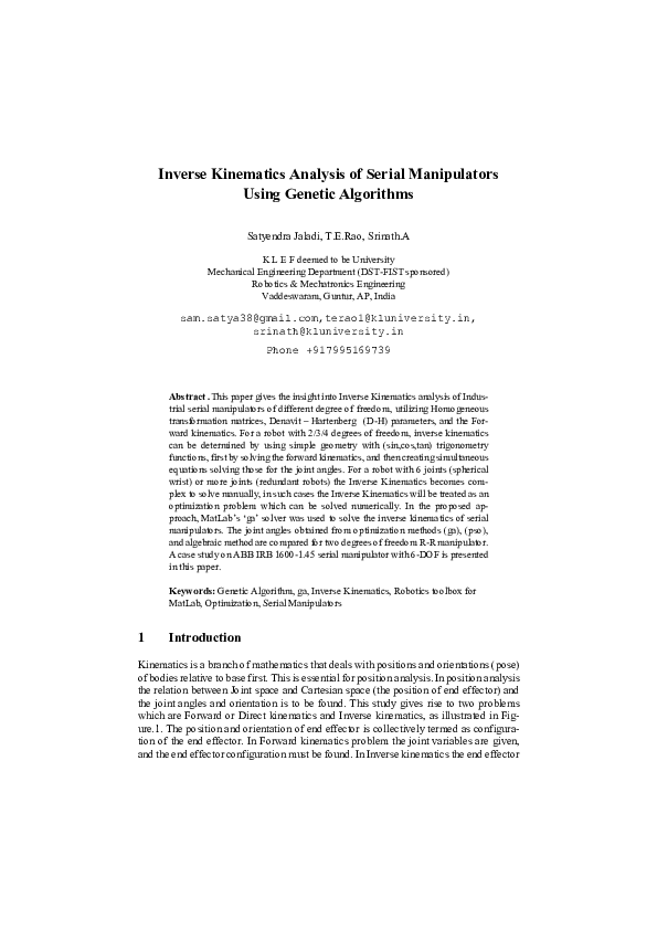Pdf Inverse Kinematics Analysis Of Serial Manipulators Using Genetic Algorithms