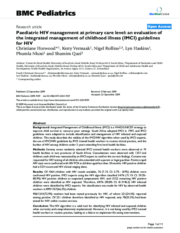 (PDF) Paediatric HIV management at primary care level: an evaluation of ...
