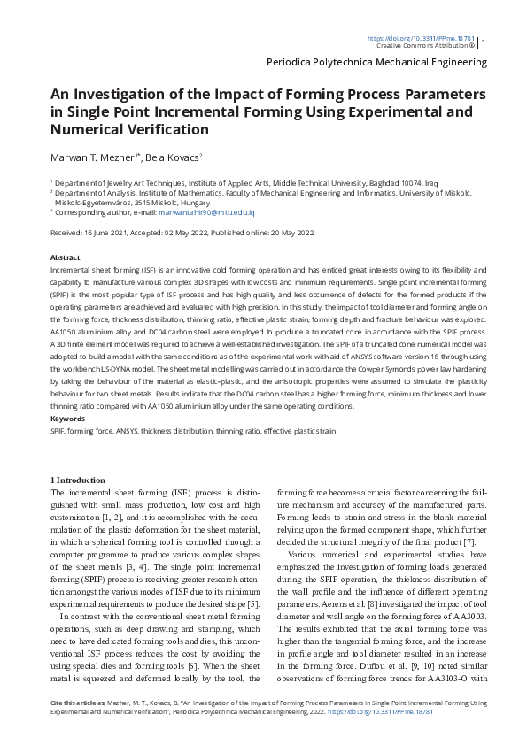 (PDF) An Investigation of the Impact of Forming Process Parameters in Single Point Incremental ...