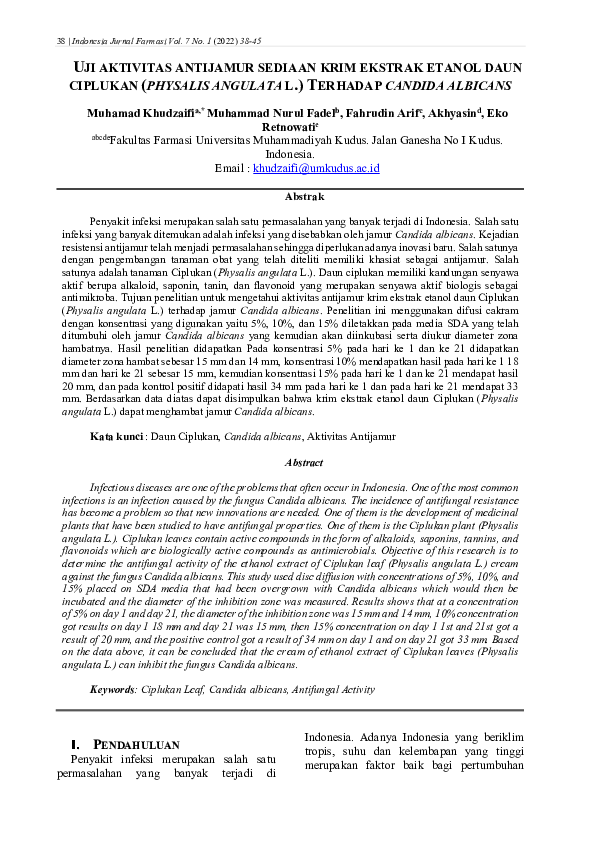 (PDF) UJI AKTIVITAS ANTIJAMUR SEDIAAN KRIM EKSTRAK ETANOL DAUN CIPLUKAN (Physalis angulata L ...