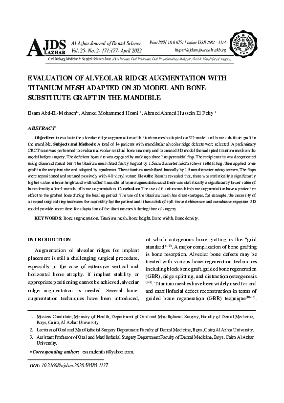 (PDF) Evaluation of alveolar ridge augmentation with titanium mesh ...