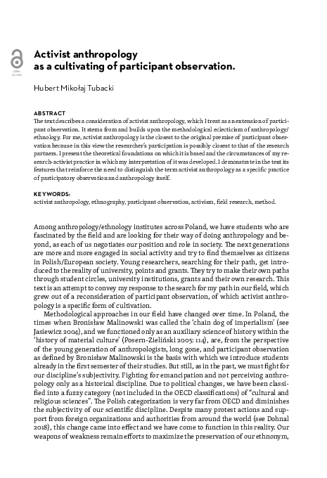 (PDF) Activist anthropology as a cultivating of participant observation