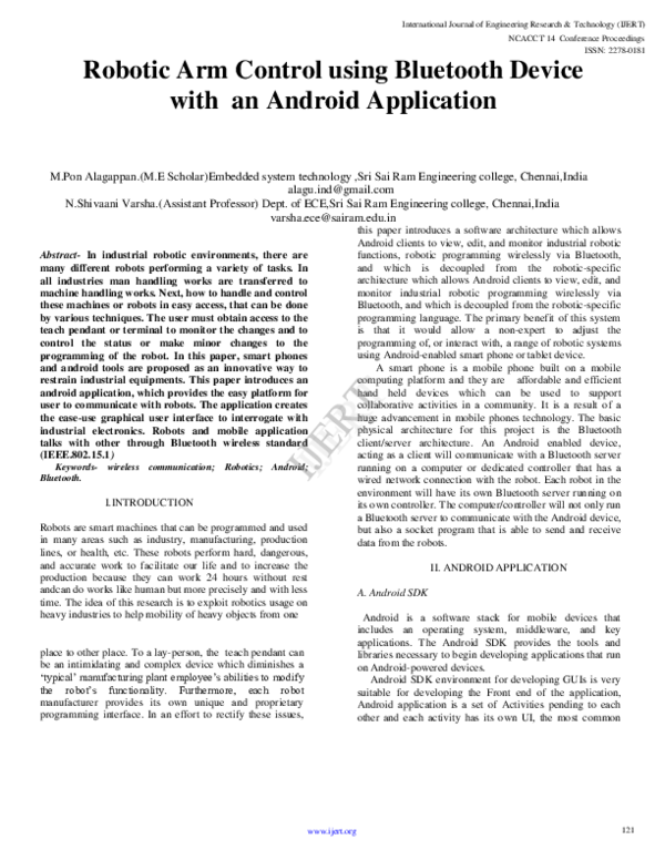 Pdf Robotic Arm Control Using Bluetooth Device With An Android