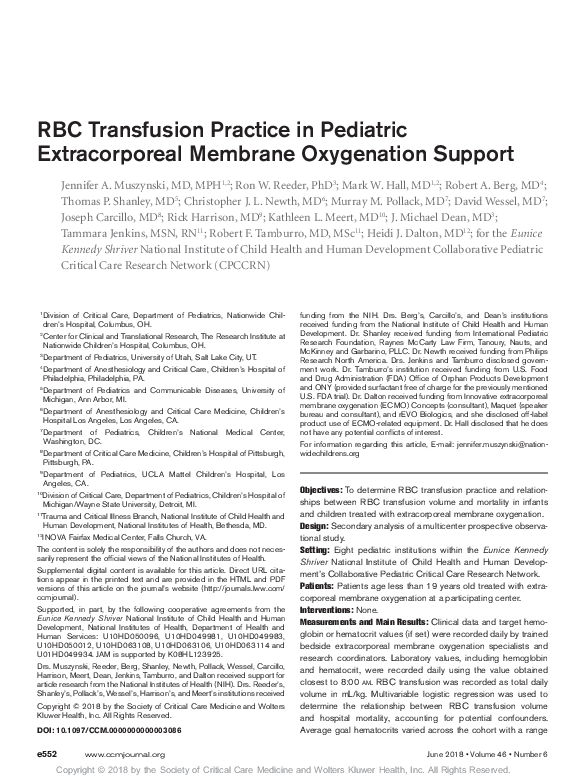 (PDF) RBC Transfusion Practice in Pediatric Extracorporeal Membrane ...