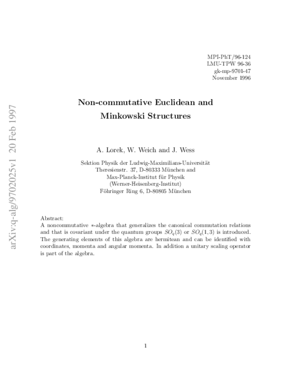 (PDF) Non-commutative Euclidean and Minkowski Structure