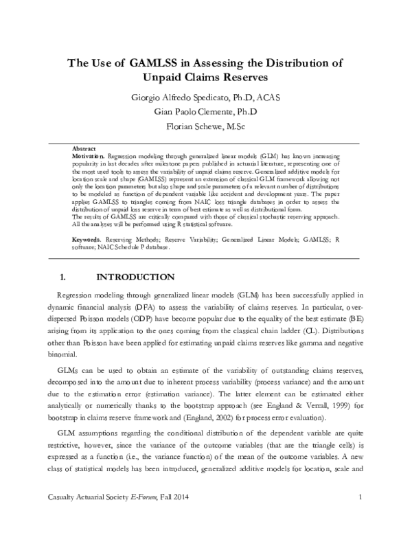 (PDF) The Use of GAMLSS in Assessing the Distribution of Unpaid Claims ...