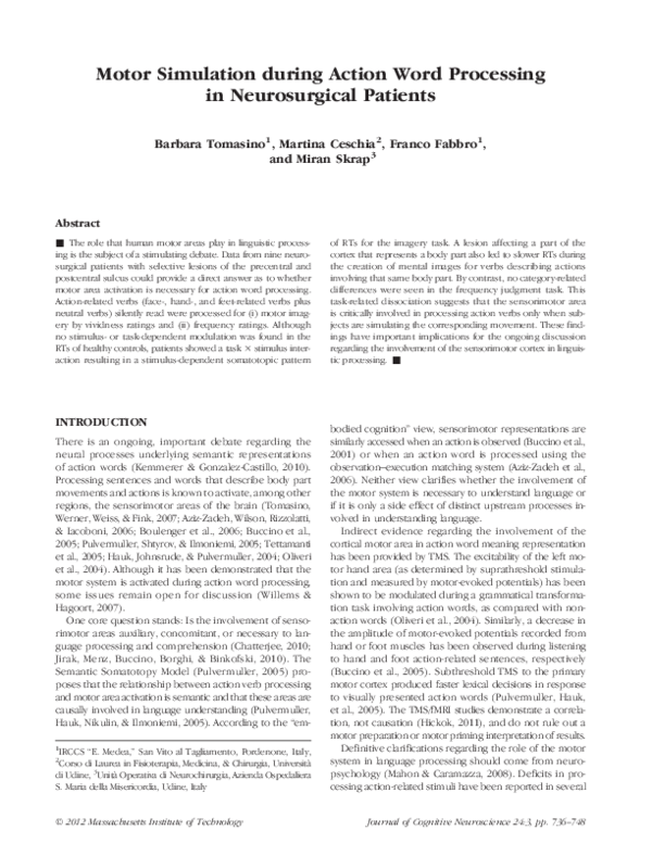 (PDF) Motor Simulation during Action Word Processing in Neurosurgical ...