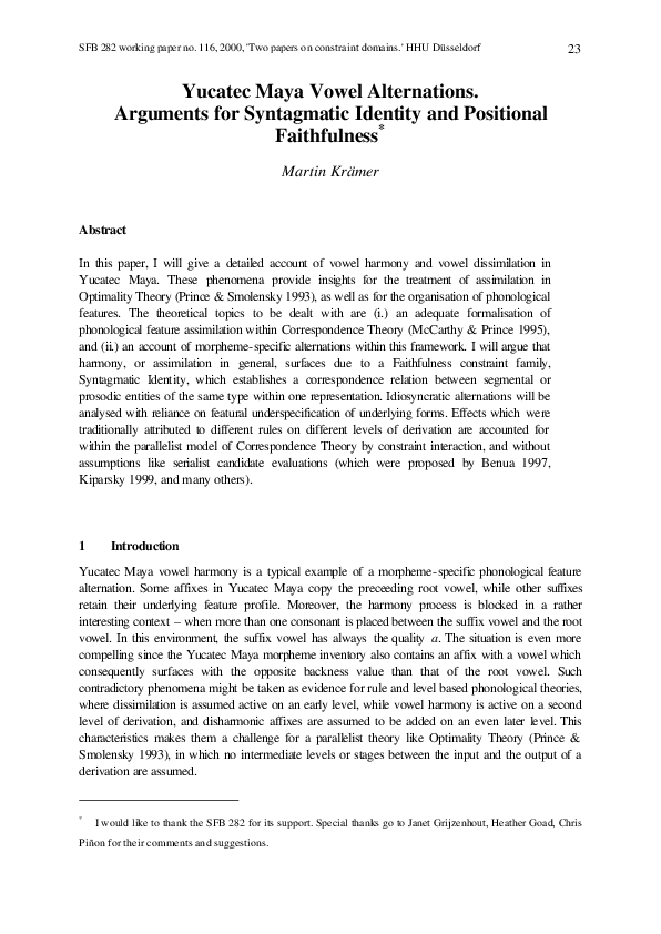 (PDF) Yucatec Maya vowel alternations. arguments for syntagmatic ...