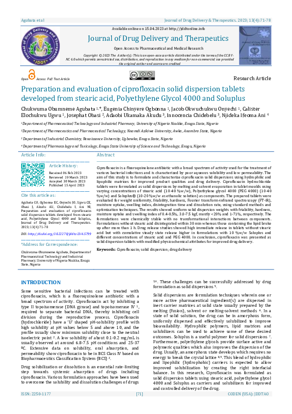 Pdf Preparation And Evaluation Of Ciprofloxacin Solid Dispersion Tablets Developed From