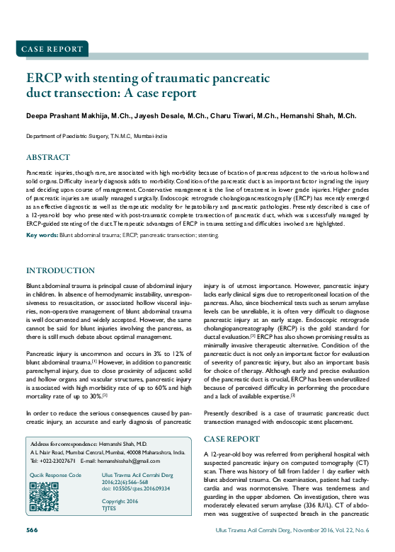 (PDF) ERCP with stenting of Traumatic Pancreatic duct transection: A ...