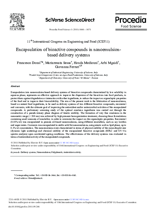 Pdf Encapsulation Of Bioactive Compounds In Nanoemulsion Based