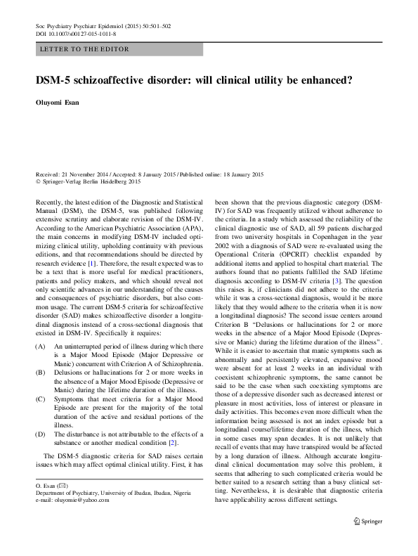 (PDF) DSM-5 schizoaffective disorder: will clinical utility be enhanced?