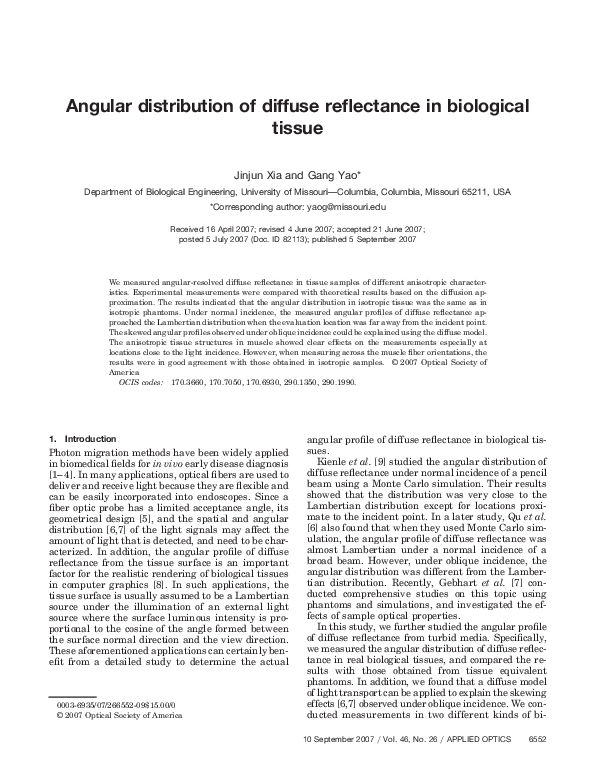 (PDF) Angular distribution of diffuse reflectance in biological tissue