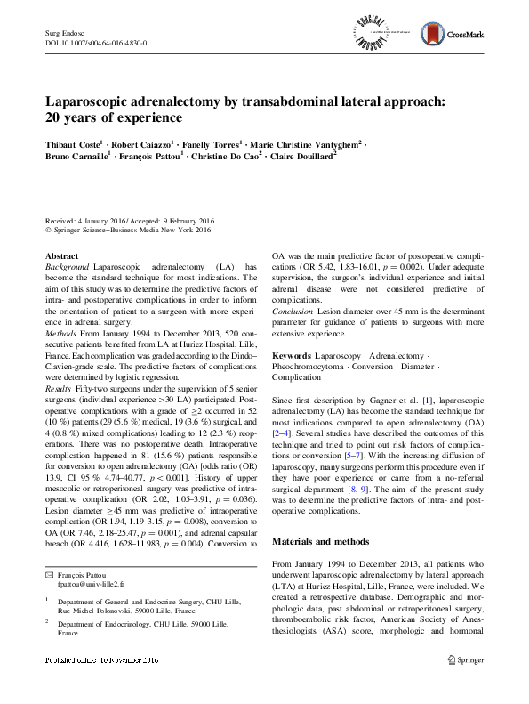 (PDF) Laparoscopic adrenalectomy by transabdominal lateral approach: 20 ...