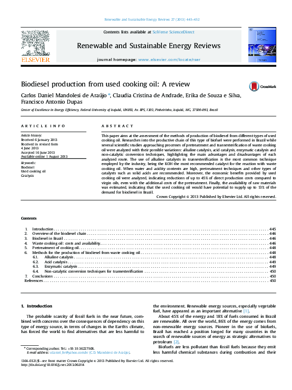 (PDF) Biodiesel production from used cooking oil: A review