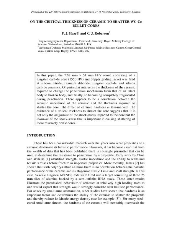 (PDF) ON THE CRITICAL THICKNESS OF CERAMIC TO SHATTER WC-Co BULLET CORES