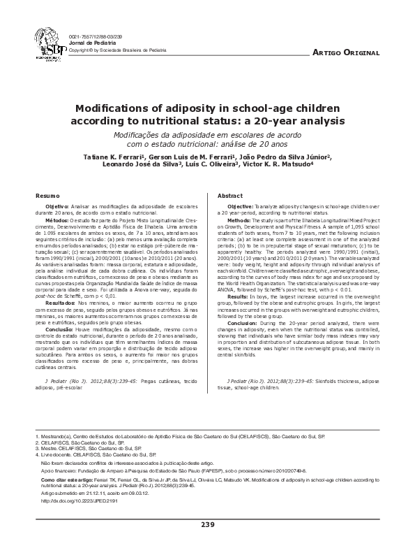 (PDF) Modifications of adiposity in school-age children according to the nutritional status: a ...