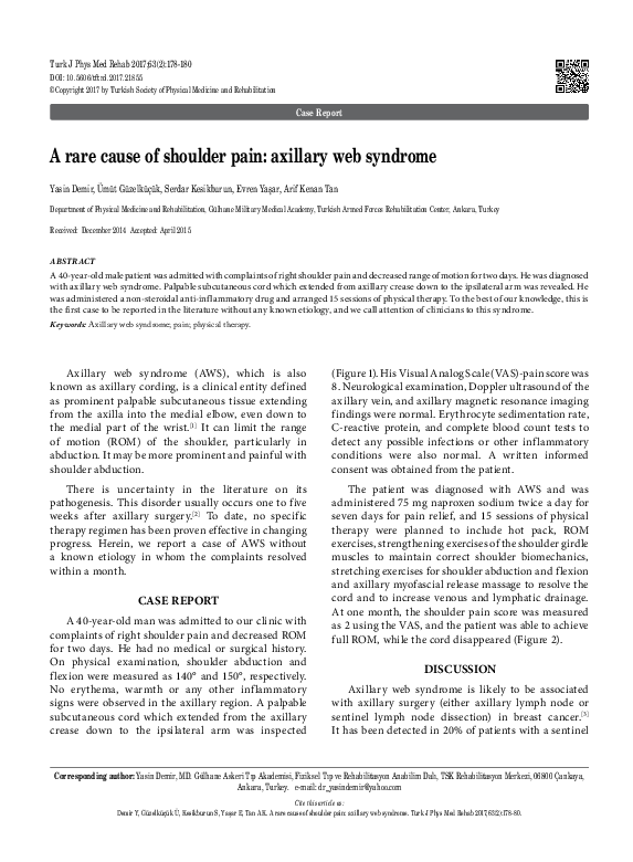 (PDF) A Rare Cause of Shoulder Pain: Axillary Web Syndrome
