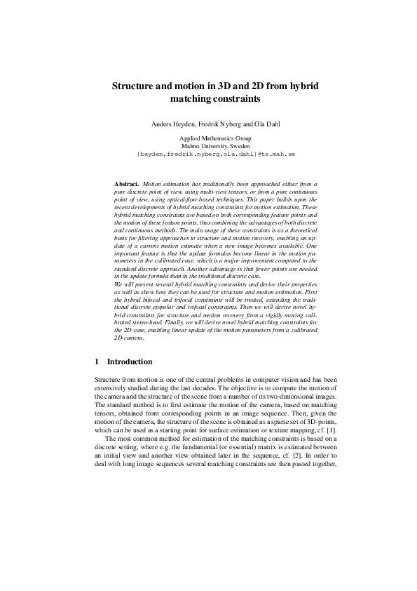 (PDF) Structure and motion in 3D and 2D from hybrid matching constraints