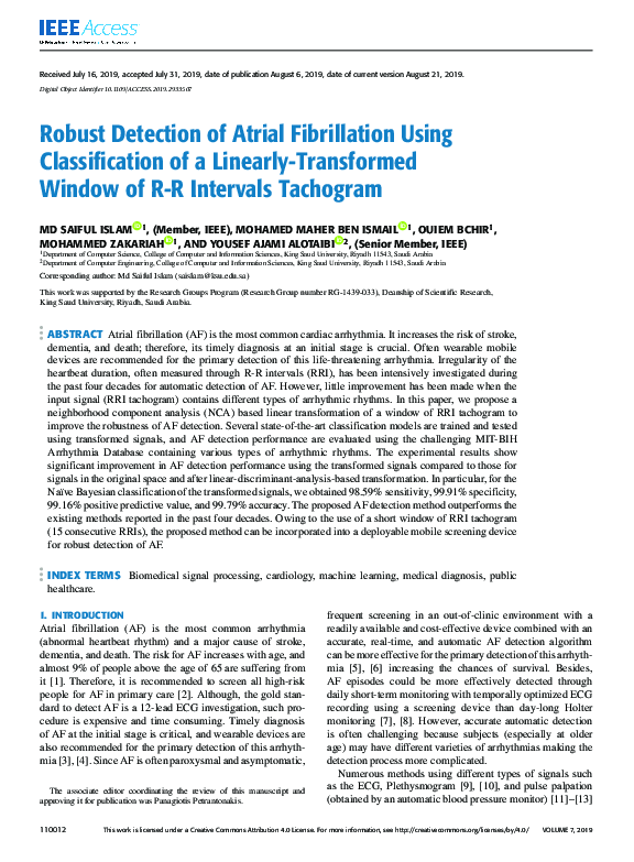 (PDF) Robust Detection of Atrial Fibrillation Using Classification of a Linearly-Transformed ...