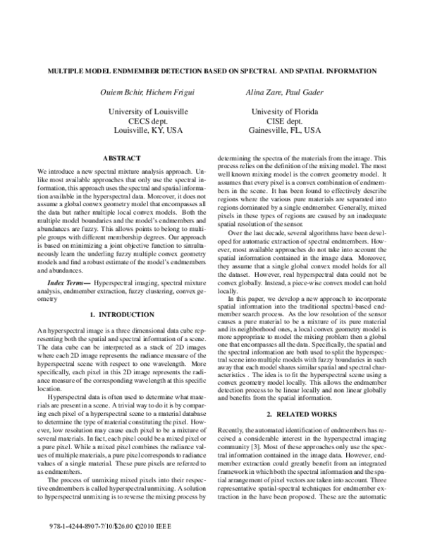 Pdf Multiple Model Endmember Detection Based On Spectral And Spatial Information