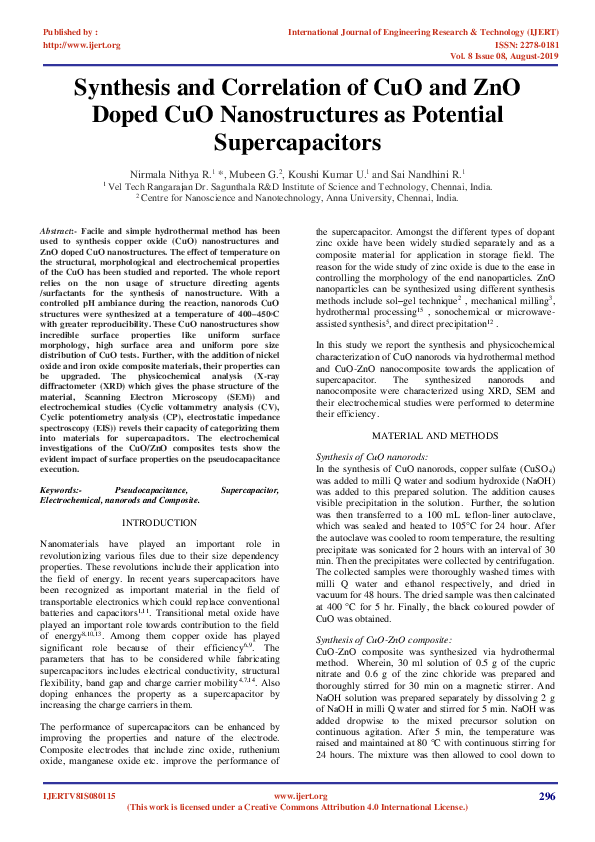 (PDF) Synthesis and Correlation of CuO and ZnO Doped CuO Nanostructures as Potential Supercapacitors
