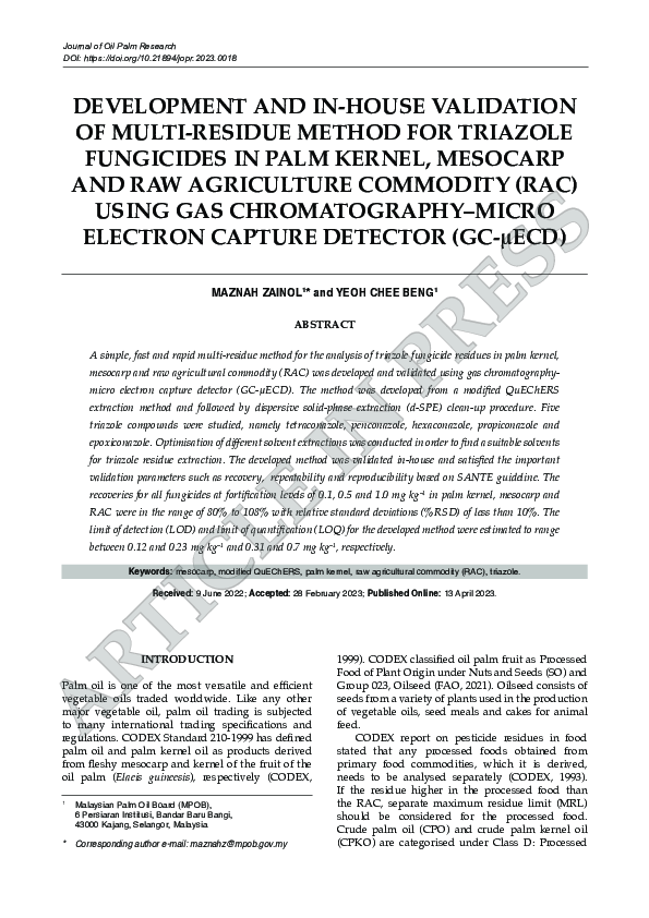 (PDF) Development and In-House Validation of Multi-Residue Method for Triazole Fungicides in ...