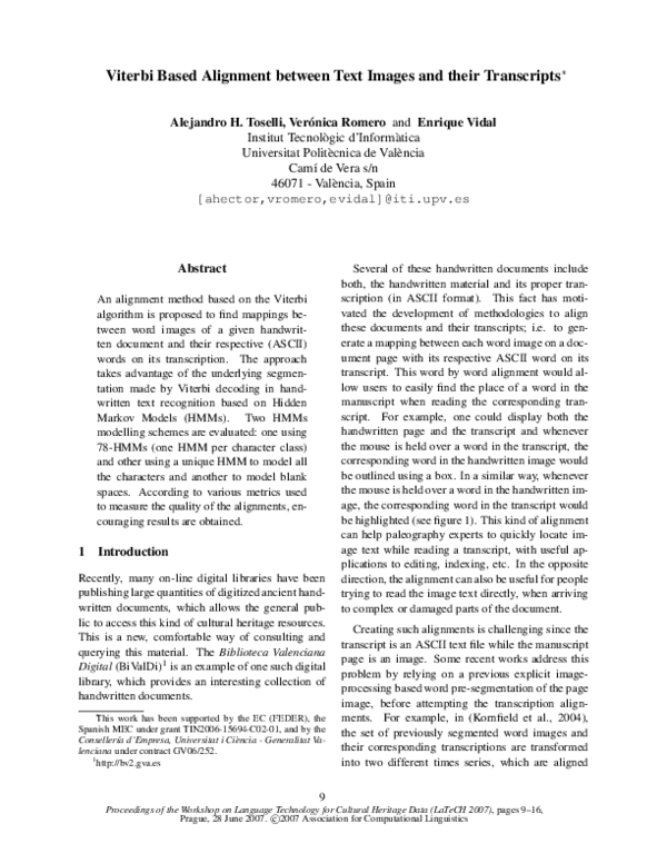 (PDF) Viterbi based alignment between text images and their transcripts