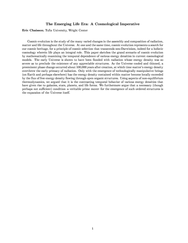 (PDF) The Emerging Life Era: A Cosmological Imperative | Eric Chaisson ...