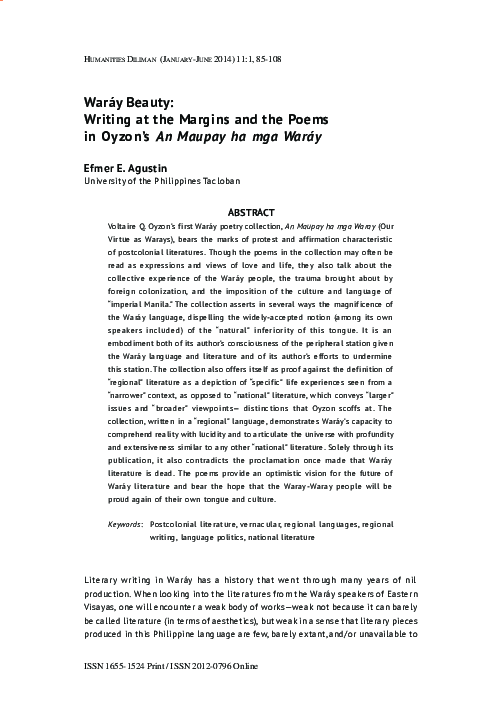 (PDF) Waráy Beauty: Writing at the Margins and the Poems in Oyzon’s An ...